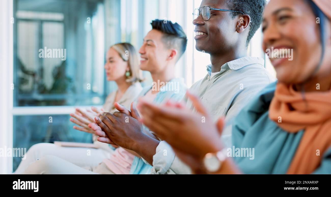 Applause, business people and crowd in conference, workshop and ...