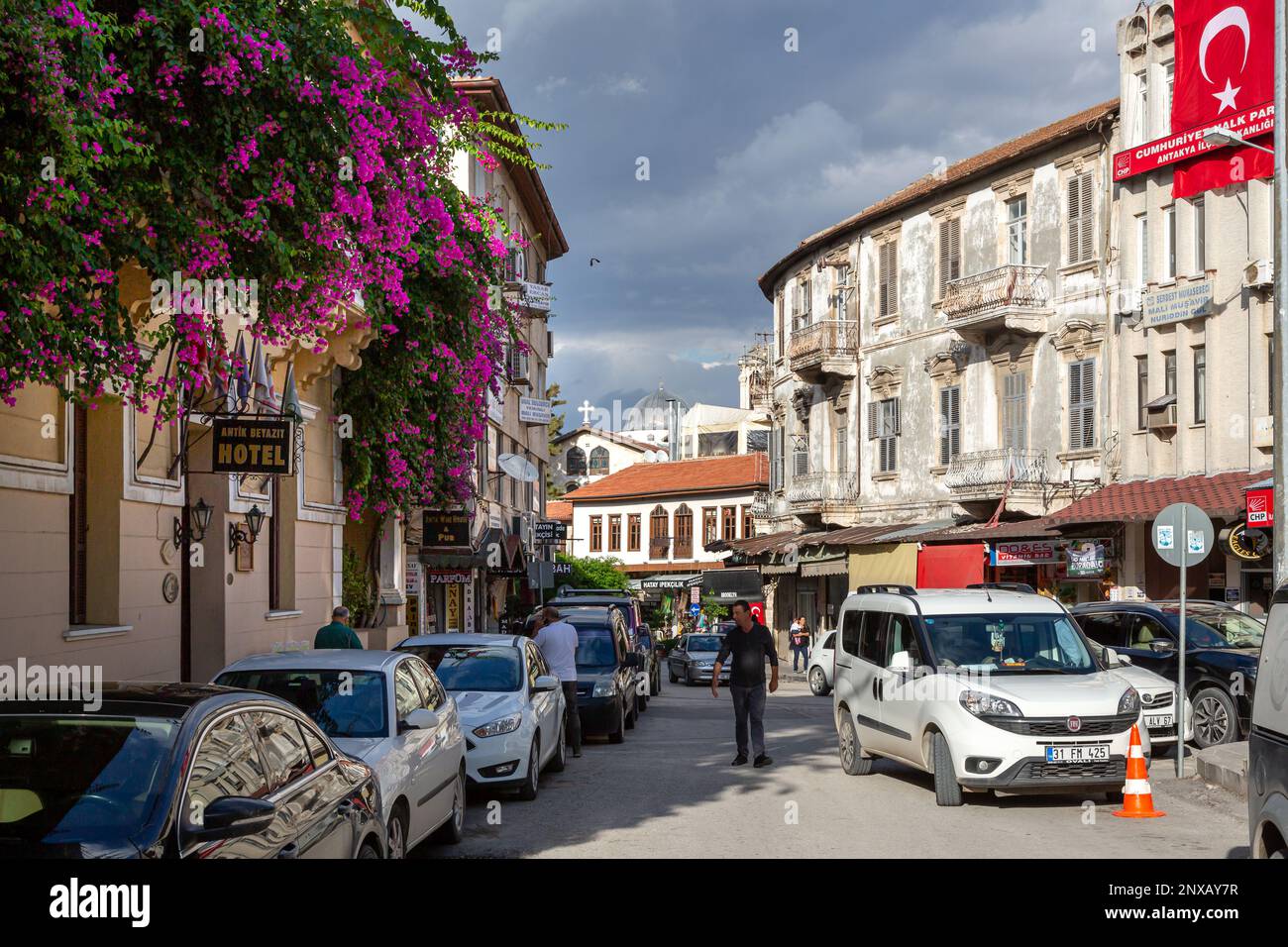 A view of a bazaar with historical houses and shops in the ancient city ...