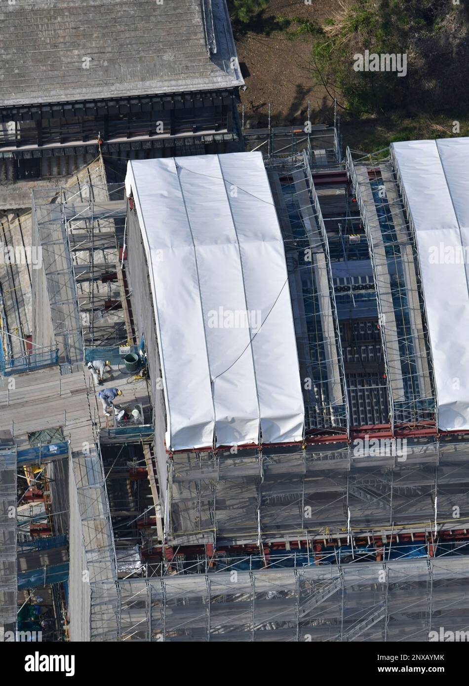 An aerial photo shows Kumamoto Castle where restoration work continues in Kumamoto City ...