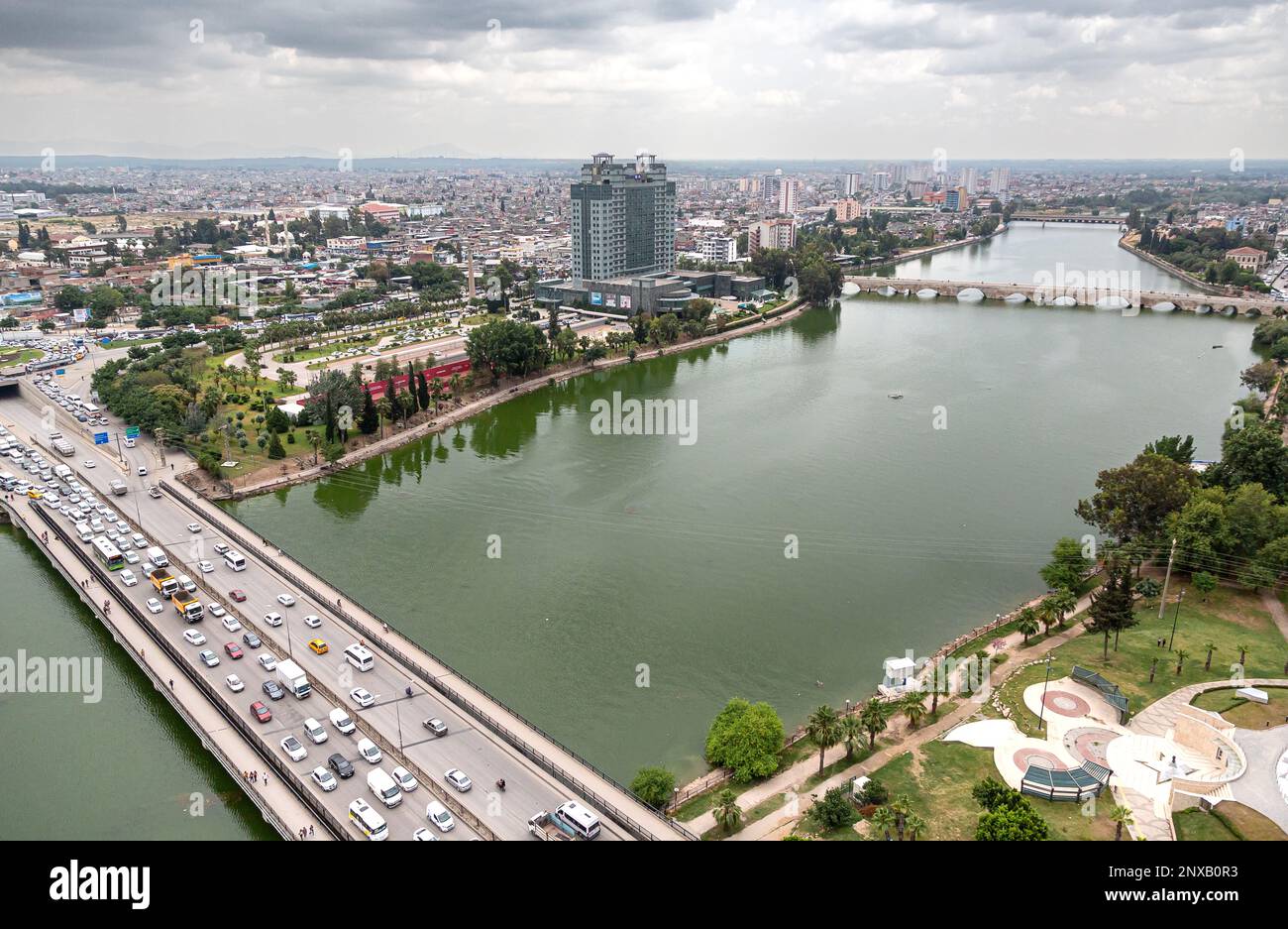 Aerial view of Adana city of Turkey, Seyhan River and its historical ...