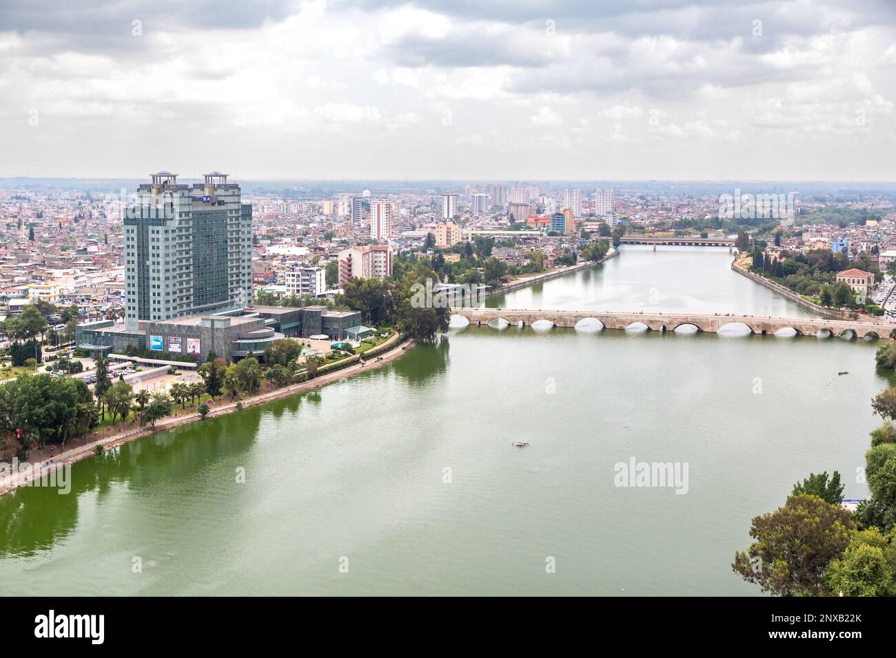 Aerial view of Adana city of Turkey, Seyhan River, Hilton SA Hotel and ...