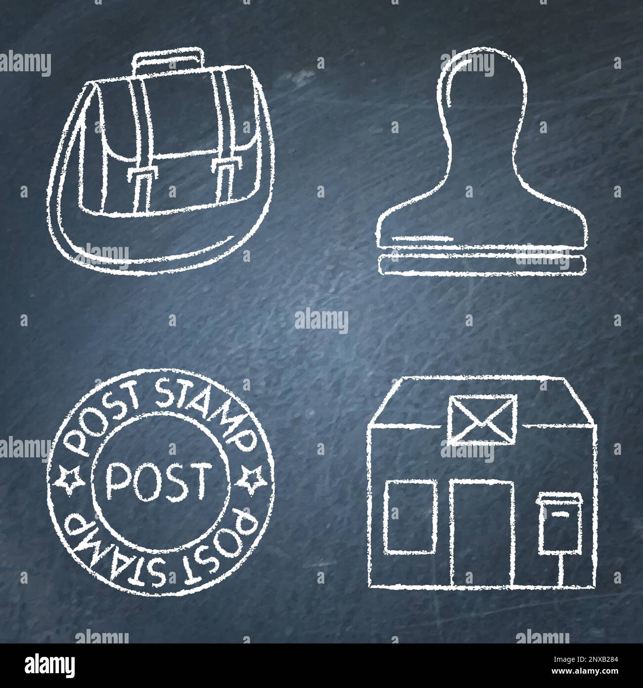 Post office and stamp icon set on chalkboard. Rubber stamp, postman bag ...