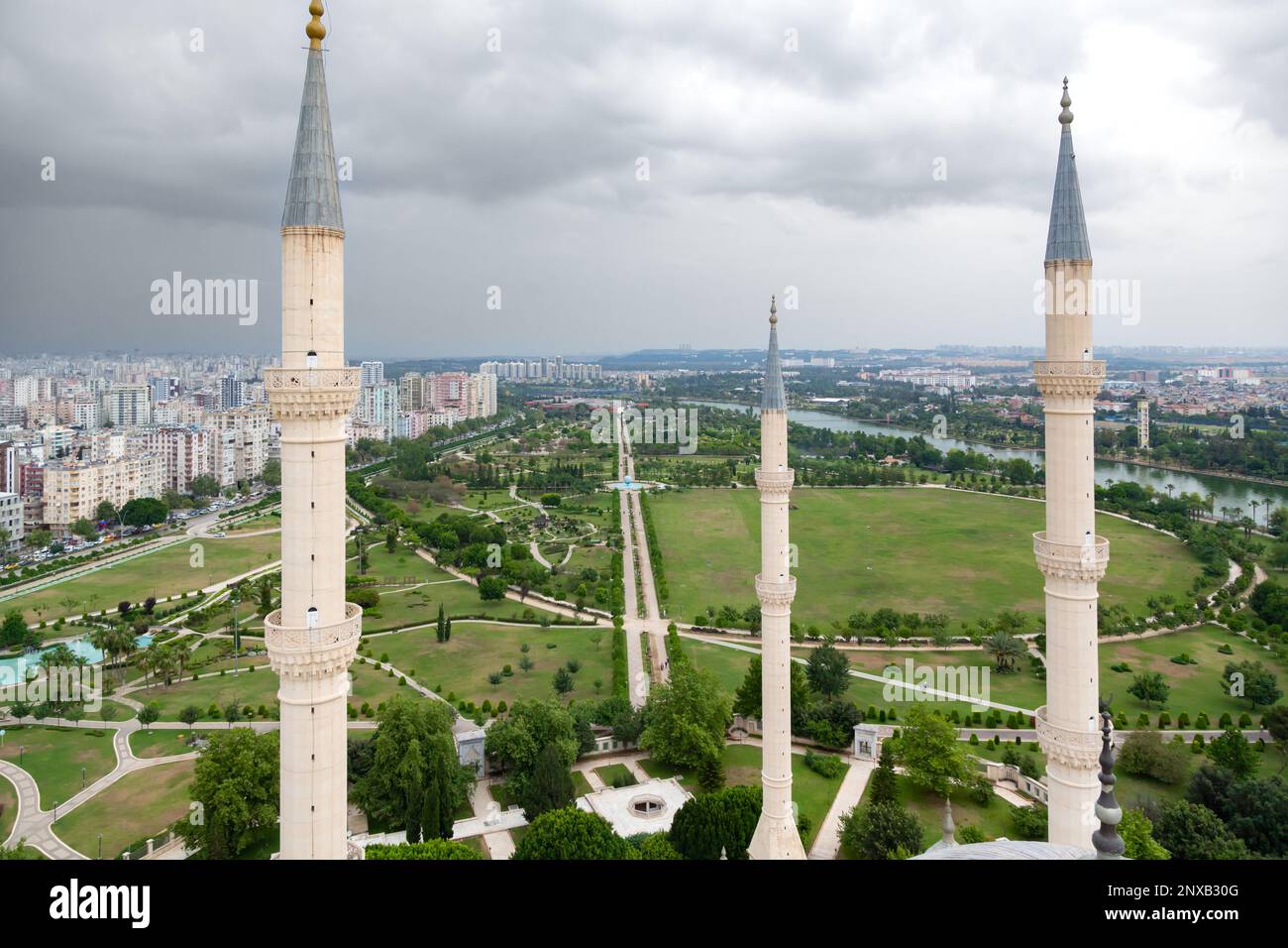 Aerial view of the park and city through the minarets of the Sabancı ...