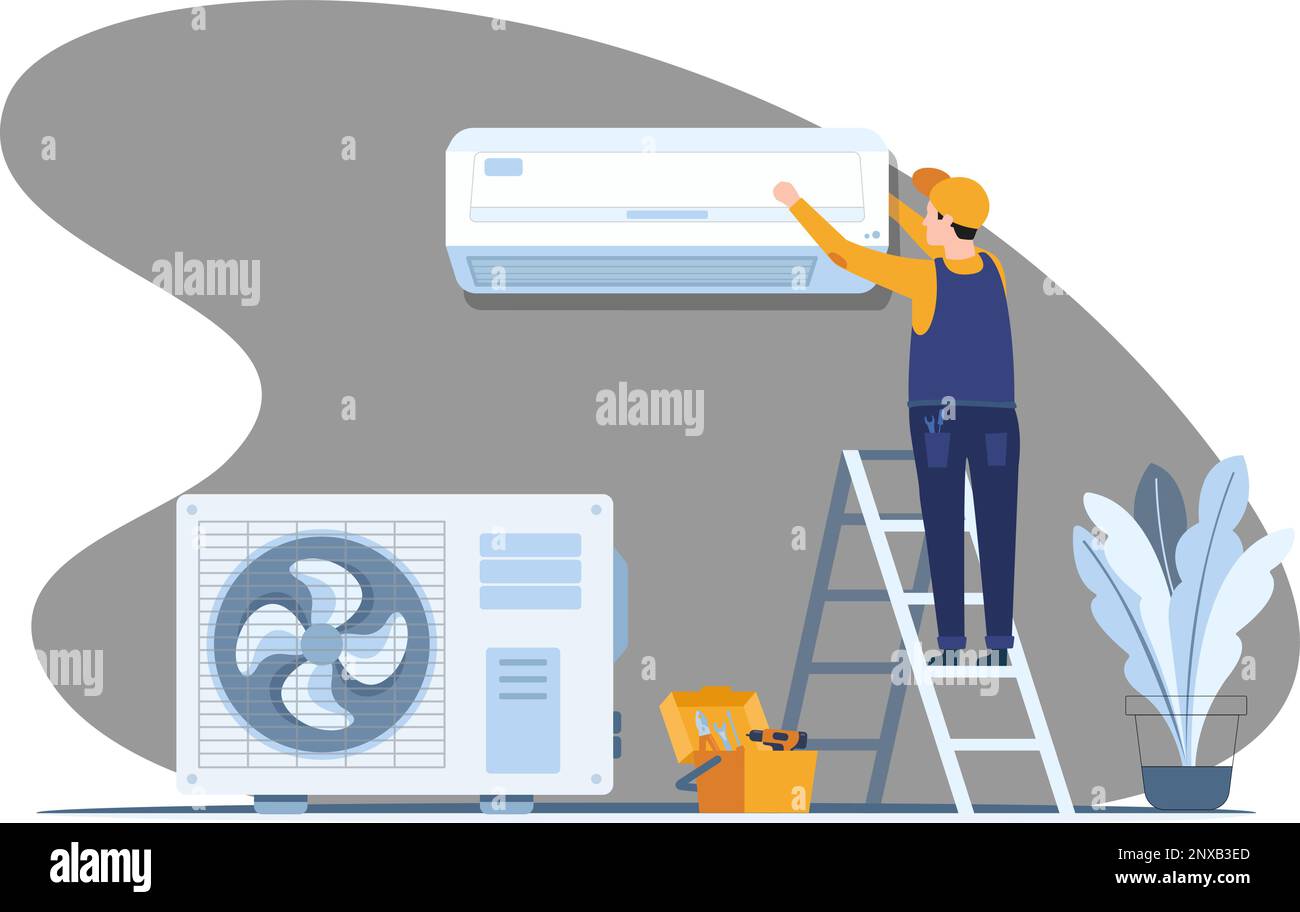 Professional worker of ventilation repair service in blue uniform stand ...