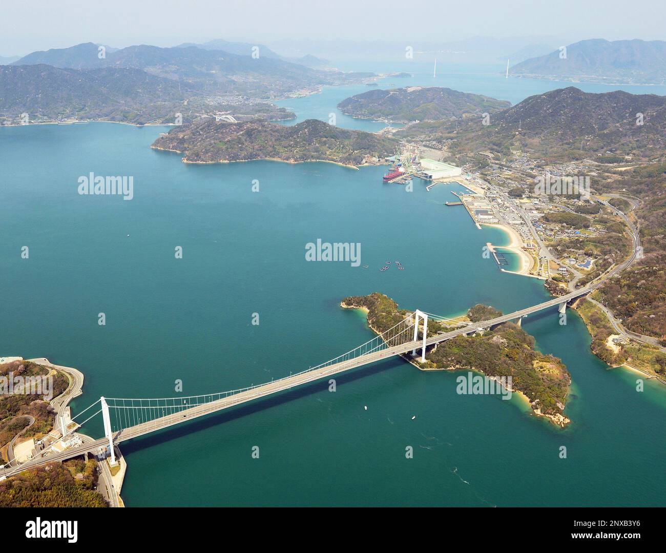 An aerial photo taken on April 1, 2018 shows Setouchi Shimanami Kaido ...