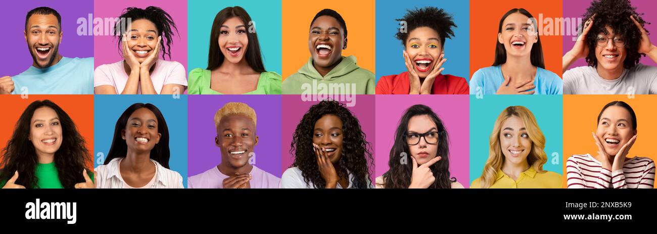 Cheerful multicultural people smiling at camera, set of photos Stock ...