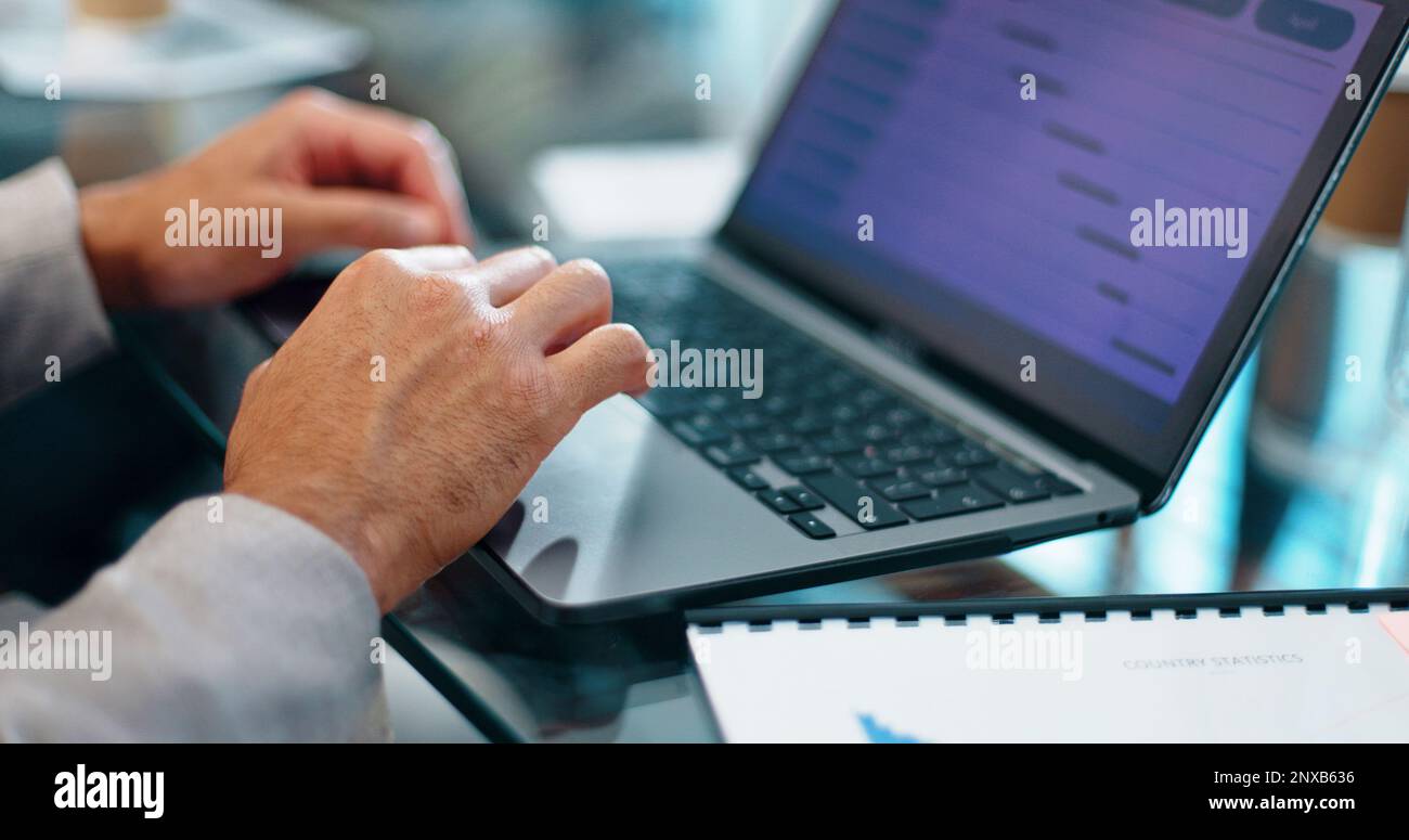Closeup hands typing, laptop and businessman with schedule planning ...