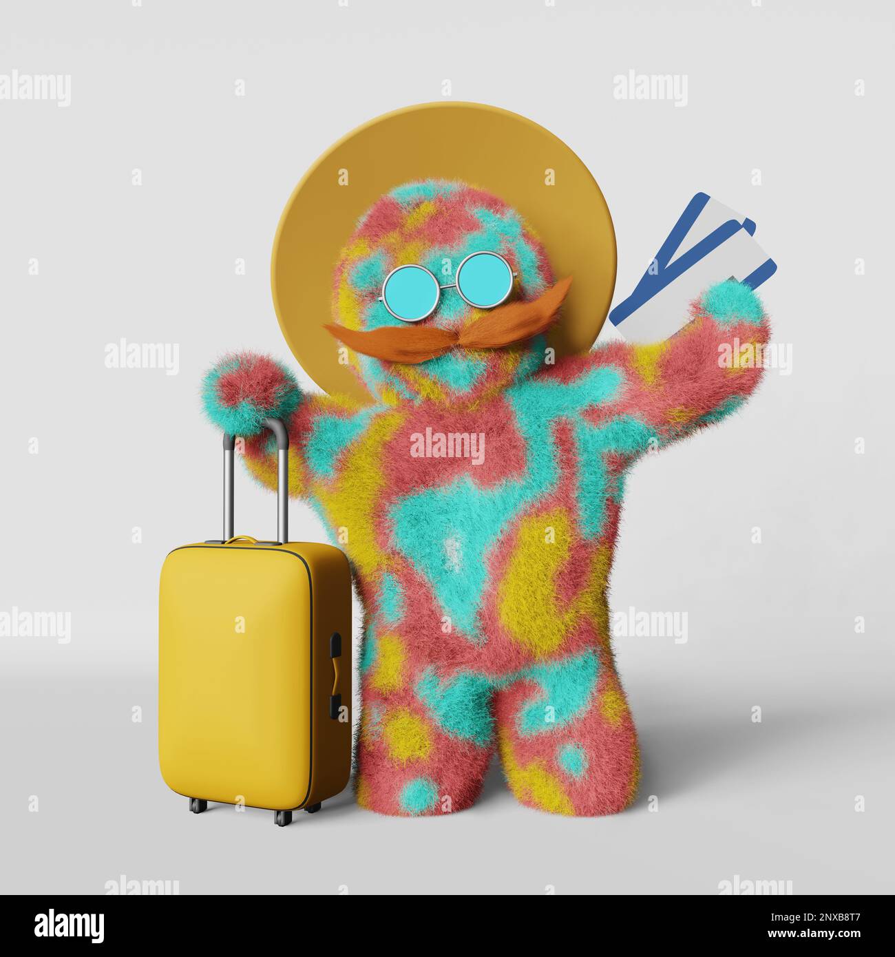 Rainbow hipster Yeti with mustache sunglasses hat yellow suitcase ...
