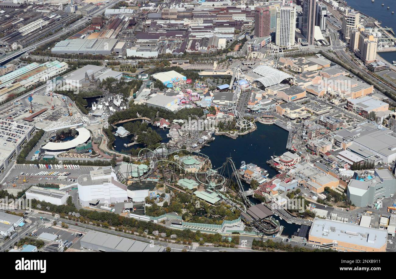 An aerial photo taken on March 31, 2018 shows a theme park Universal ...
