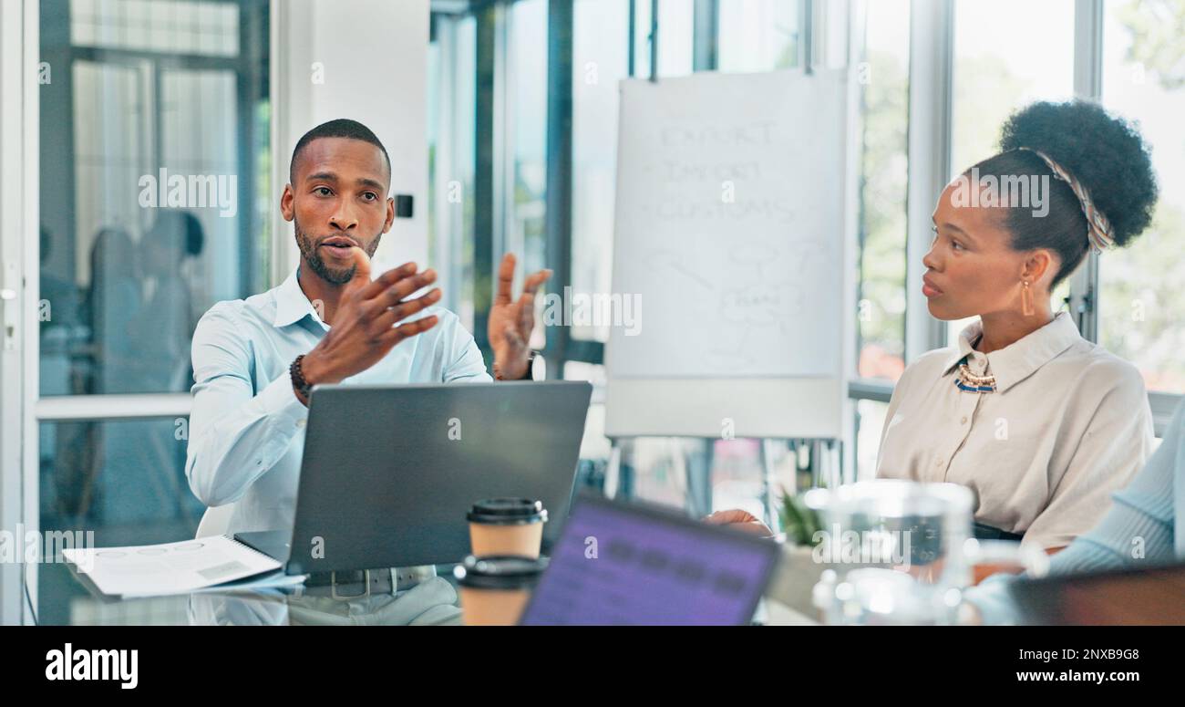 Corporate, black man and team in meeting, brainstorming and feedback ...