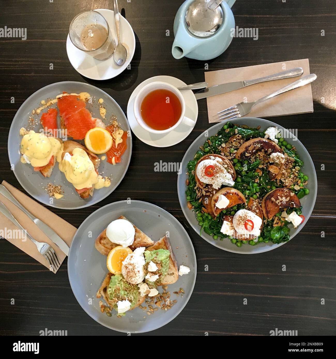 Overhead view of assorted brunch plates with eggs, salmon, avocado ...