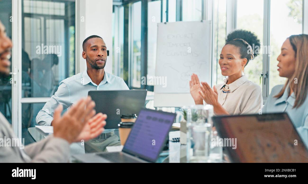 Meeting, applause and business people throwing paper in air ...
