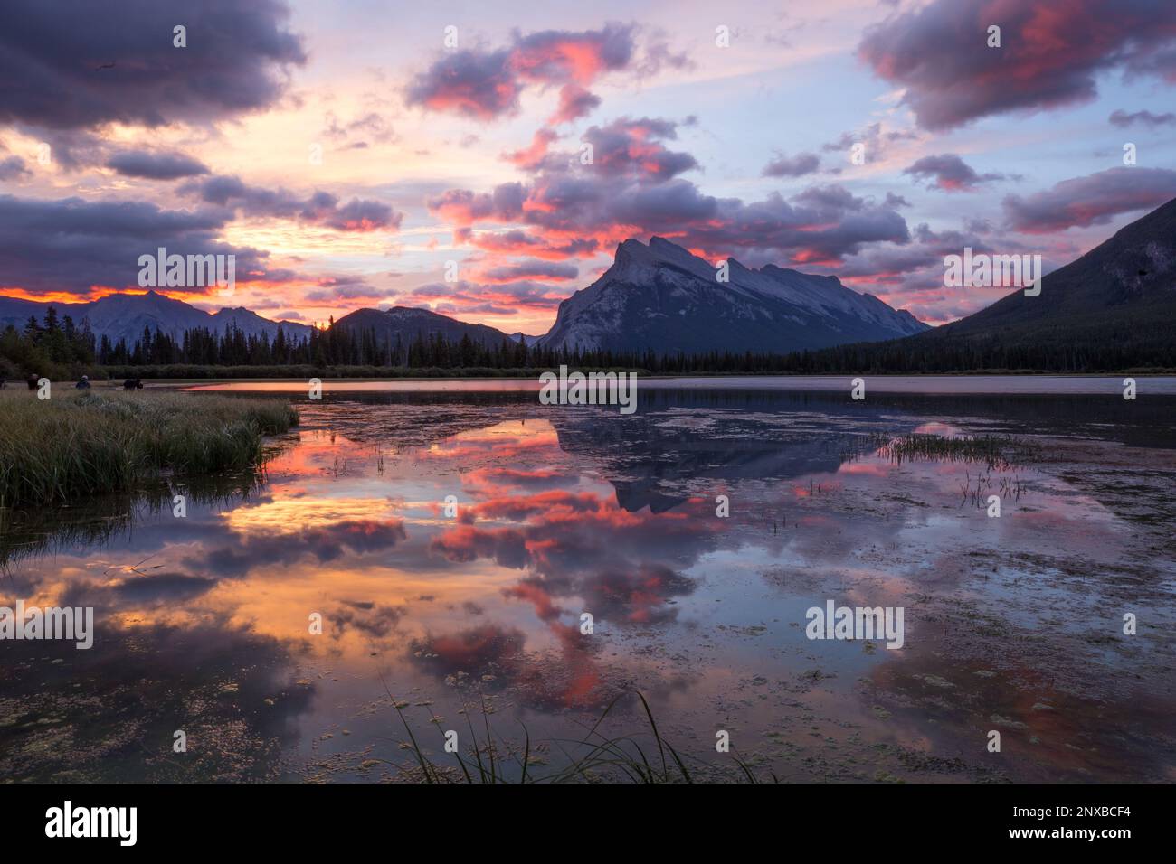 Reflections of Mount Rundle in Vermillion Lakes at sunset, Banff ...