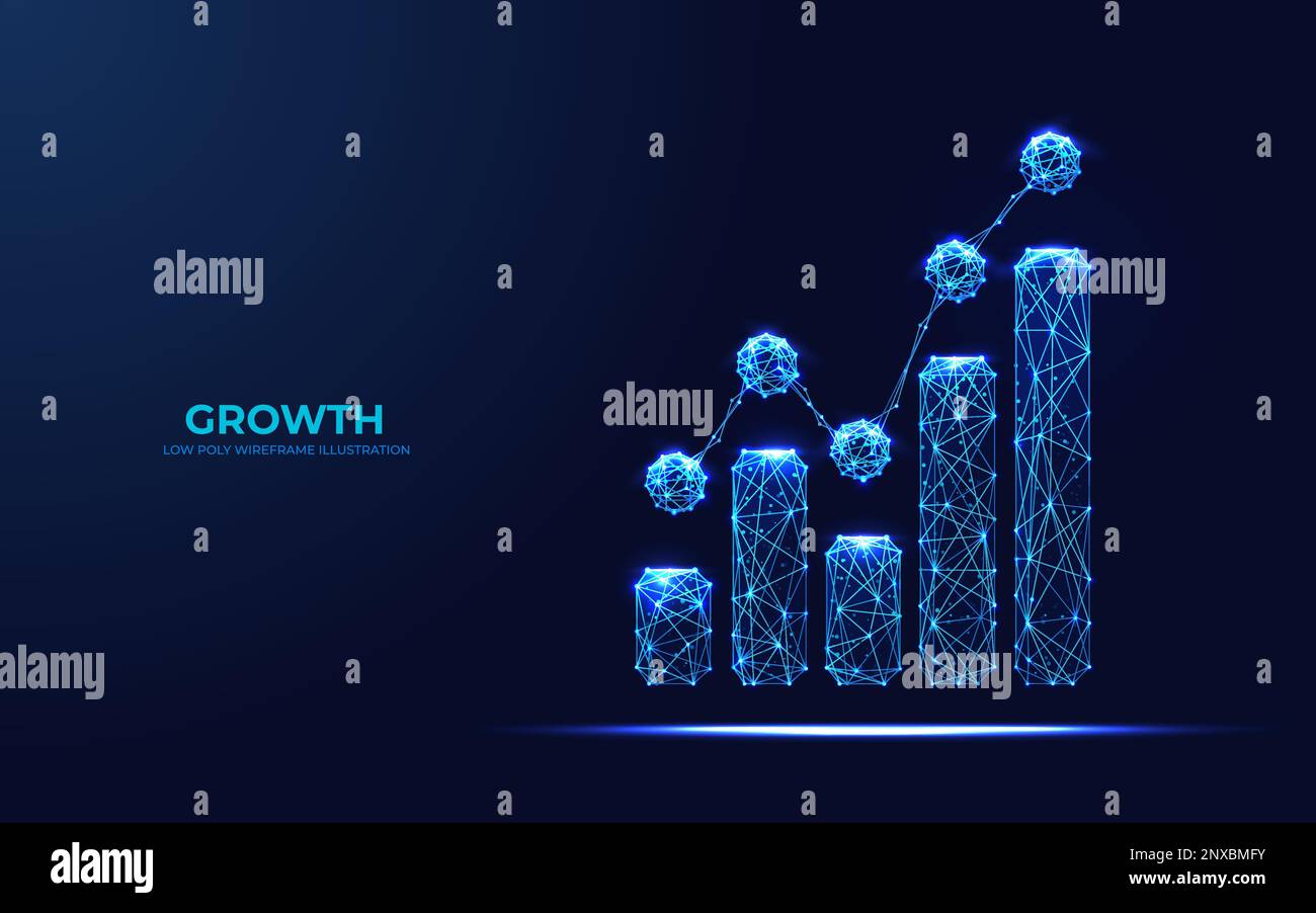 Polygonal growing bar graph in technology blue on a dark background ...