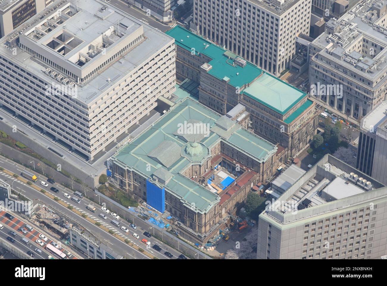 An aerial photo shows the Bank of Japan building in Chuo Ward, Tokyo on ...