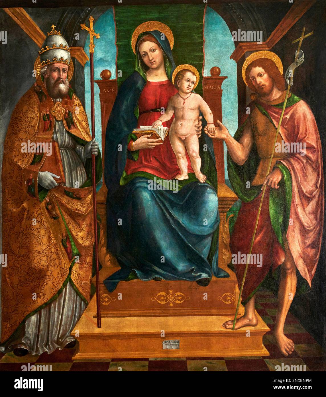 Madonna col Bambino , un santo pontefice e S. Giovanni Battista - olio ...
