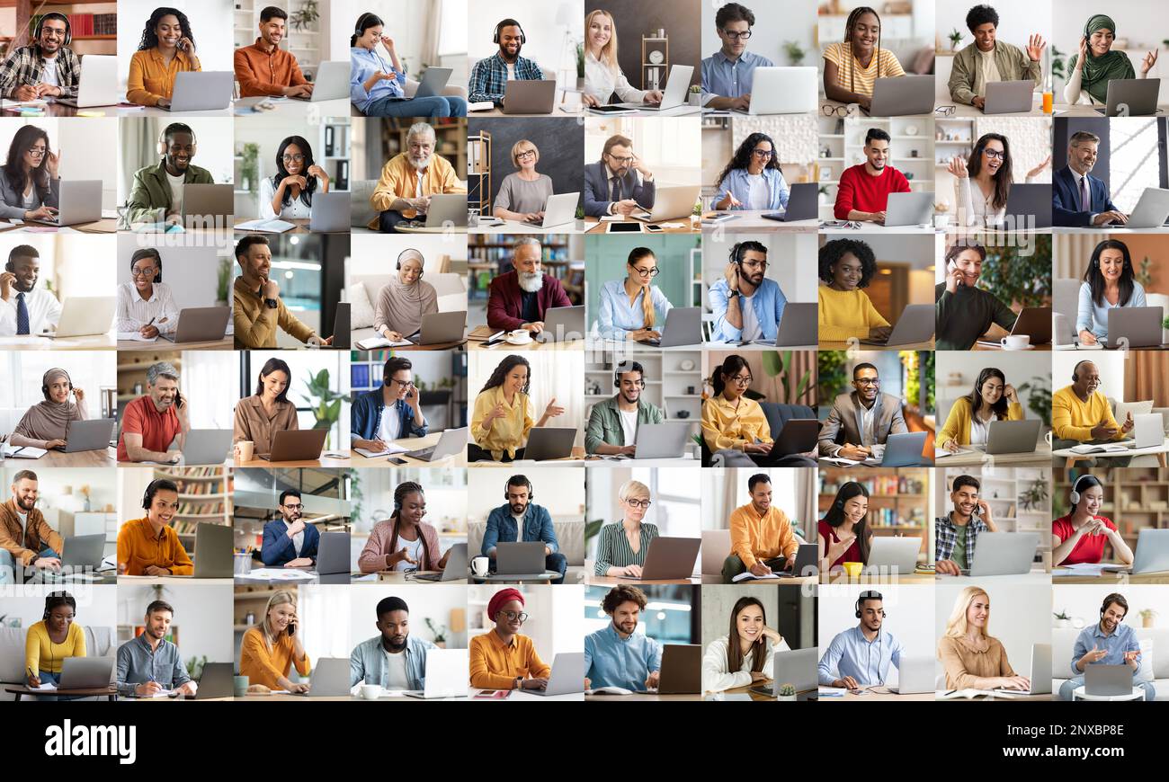 Mosaic of multicultural employees working on laptop indoors, collage ...