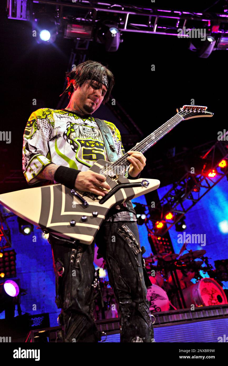 Jason Hook of Five Finger Death Punch perform during the Trespass ...