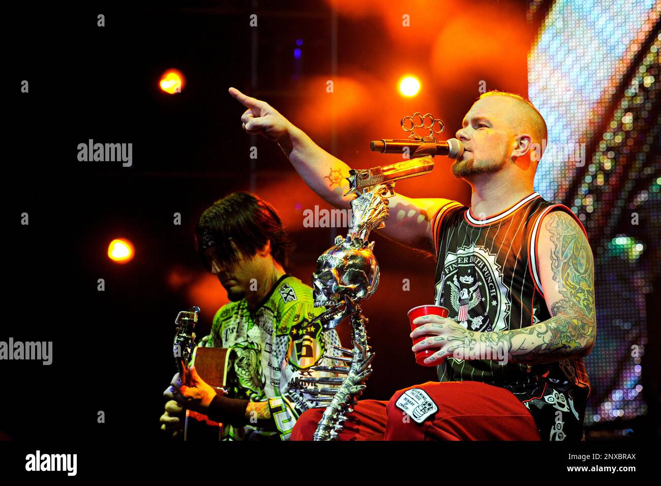 Jason Hook and Ivan Moody of Five Finger Death Punch perform during the ...