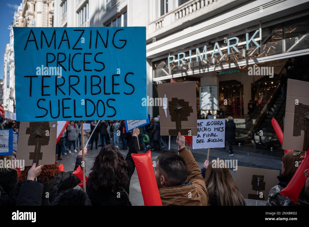 Madrid, Spain. 01st Mar, 2023. Primark employees protesting with ...