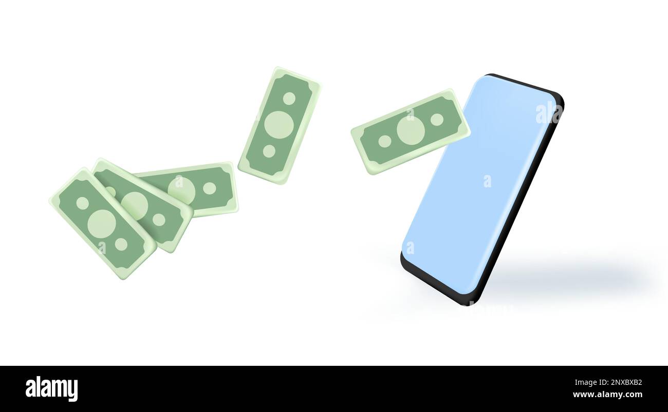 Mobile banking. Money 3D cash, smartphone, wads, flying coins and ...
