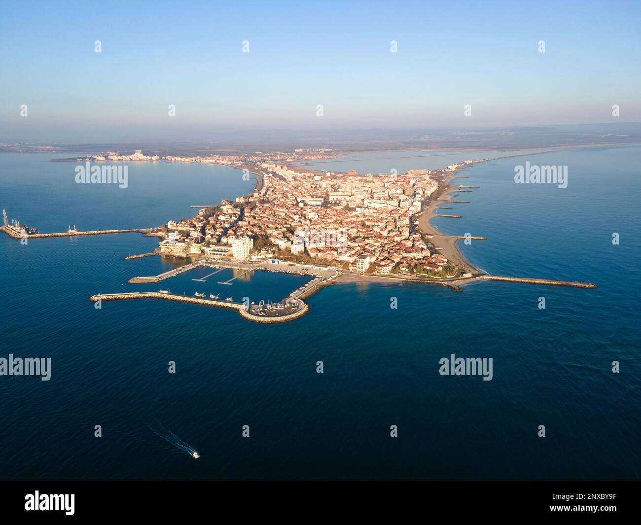 Amazing Aerial Sunrise view town of Pomorie, Burgas Region, Bulgaria ...