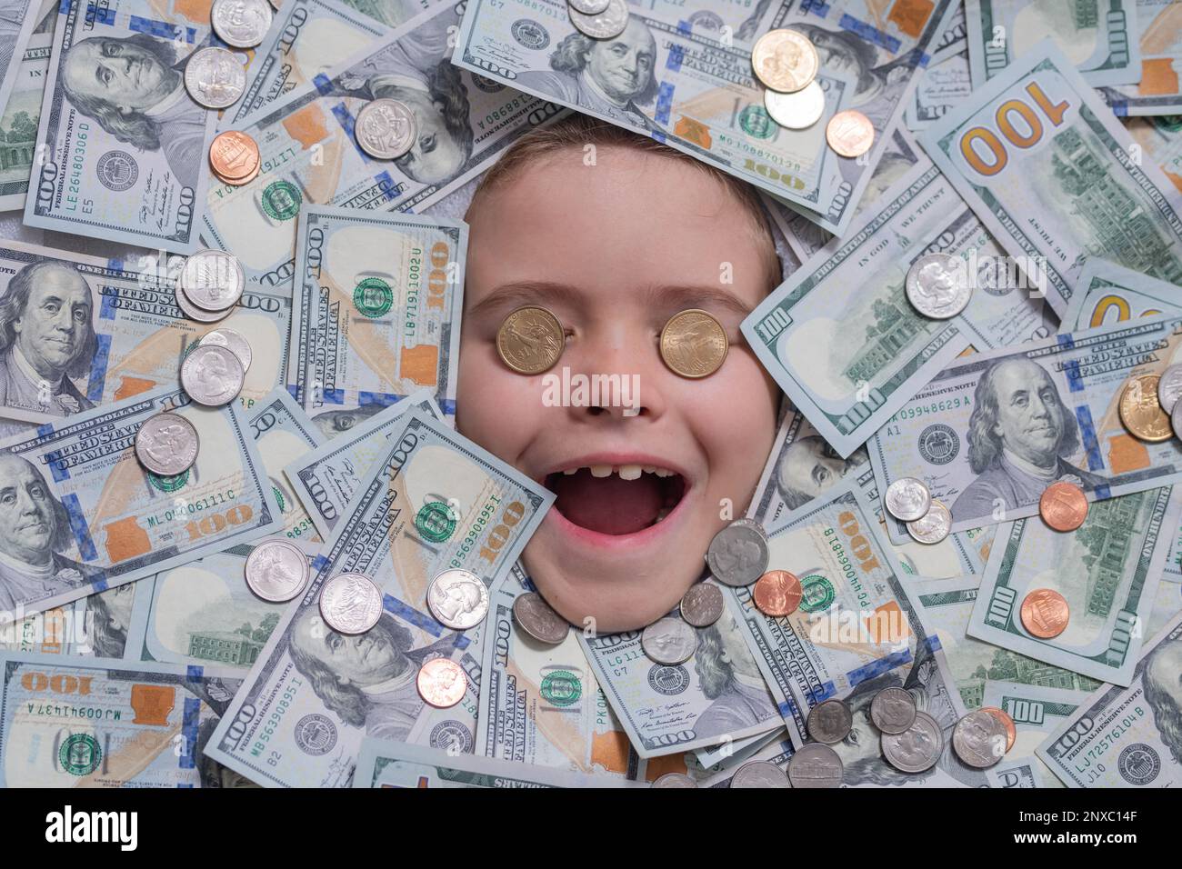 Winner money. Funny kids face in money dollars banknotes background ...