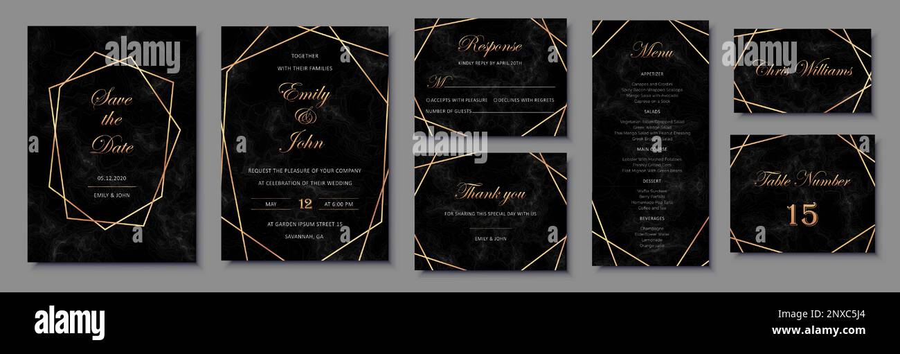Elegant Invitations Set With Golden Geometric Frames And Black Marble