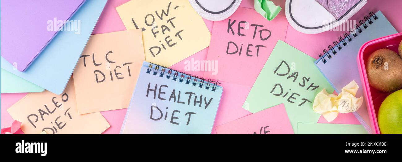 Slimming, fitness flat lay. Diet choice concept with bright handwritten ...