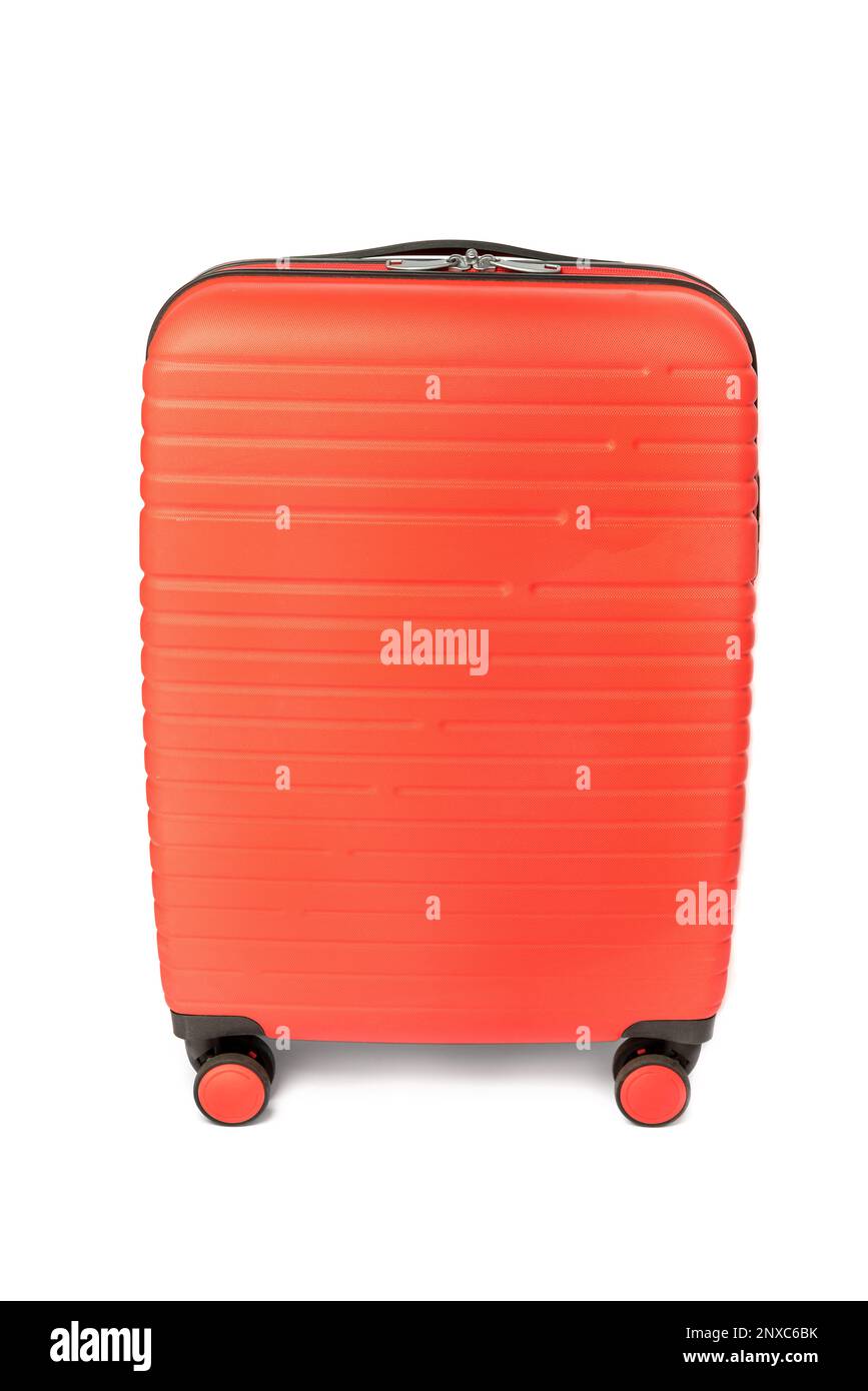 Travel red suitcase on wheels isolated on white background Stock Photo ...