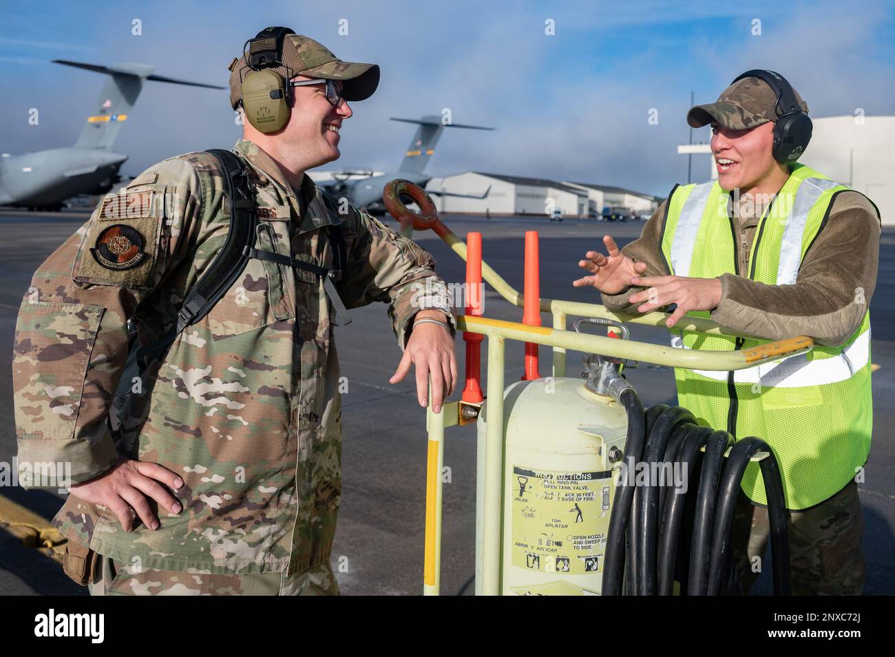 U.S. Air Force Tech. Sgt. Mark Jacobs and Airman 1st Class Alexander Scavone, crew chiefs ...