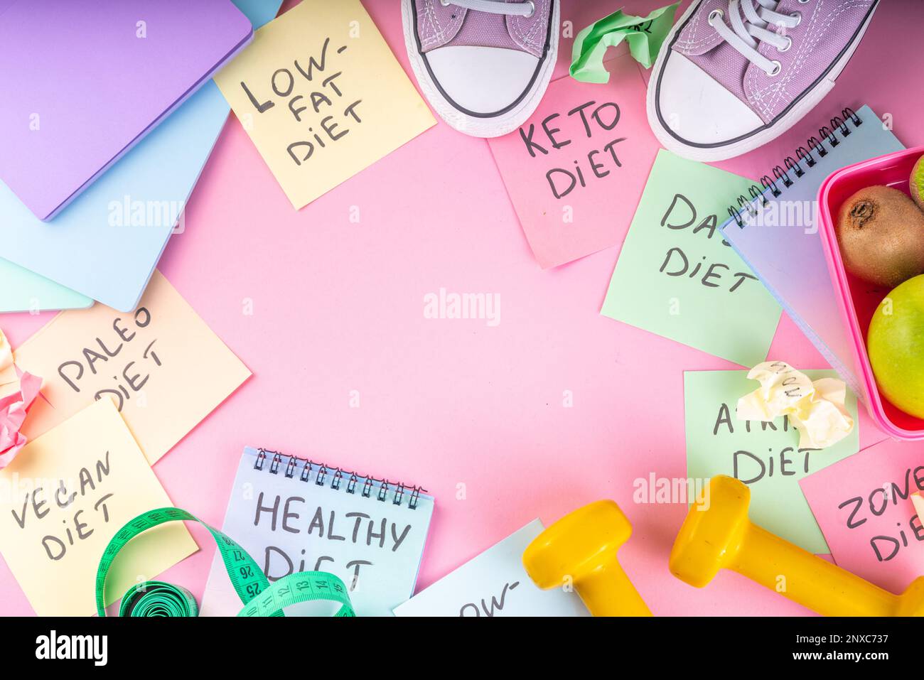 Slimming, fitness flat lay. Diet choice concept with bright handwritten ...