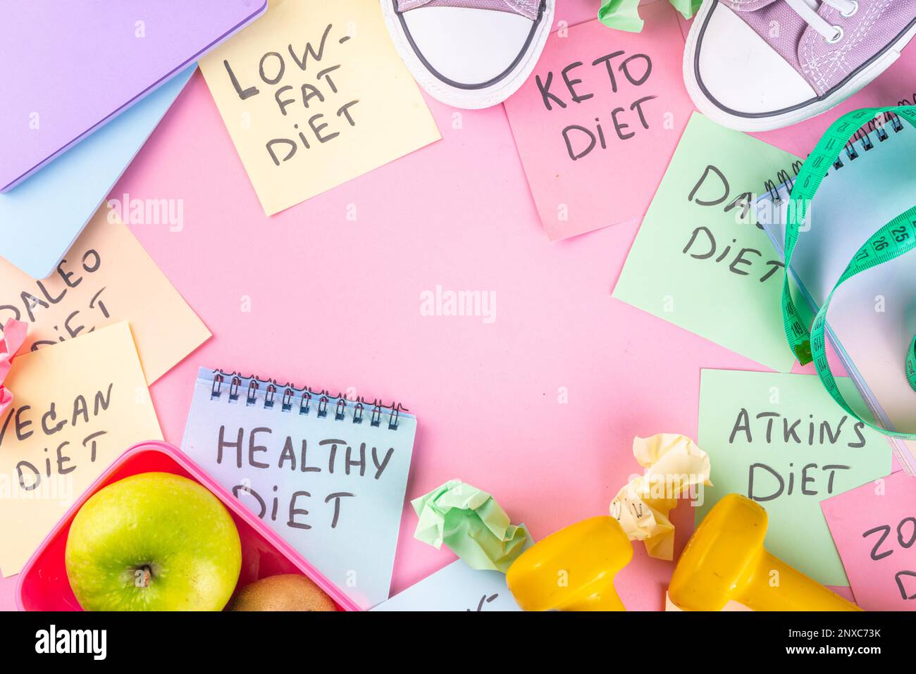 Slimming, fitness flat lay. Diet choice concept with bright handwritten ...