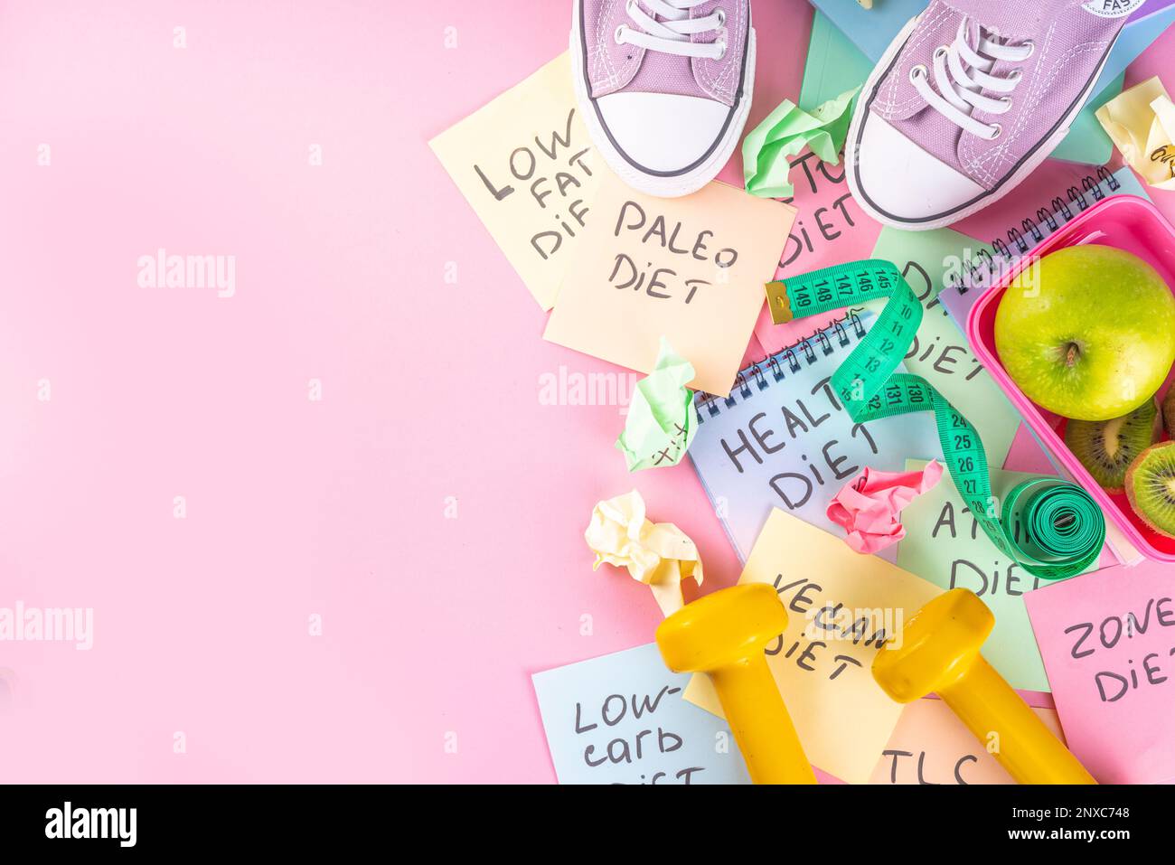 Slimming, fitness flat lay. Diet choice concept with bright handwritten ...