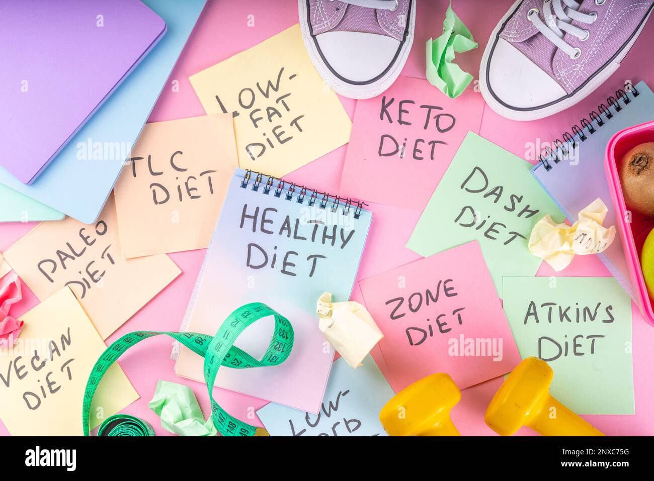 Slimming, fitness flat lay. Diet choice concept with bright handwritten ...