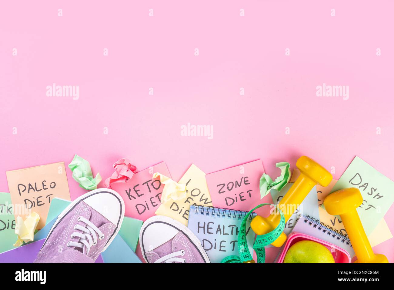 Slimming, fitness flat lay. Diet choice concept with bright handwritten ...