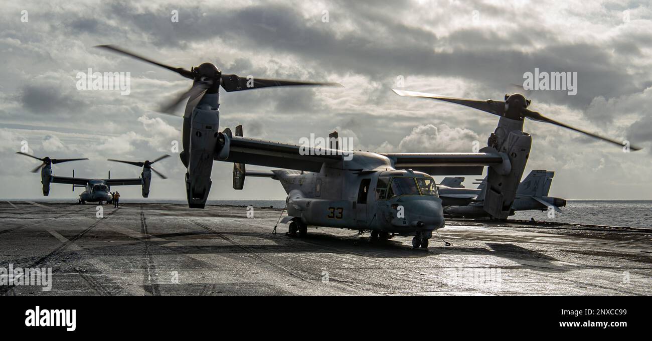 230120-N-DU622-1397 SOUTH CHINA SEA (Jan. 20, 2023) Two MV-22 Ospreys from the “Ugly Angels” of ...