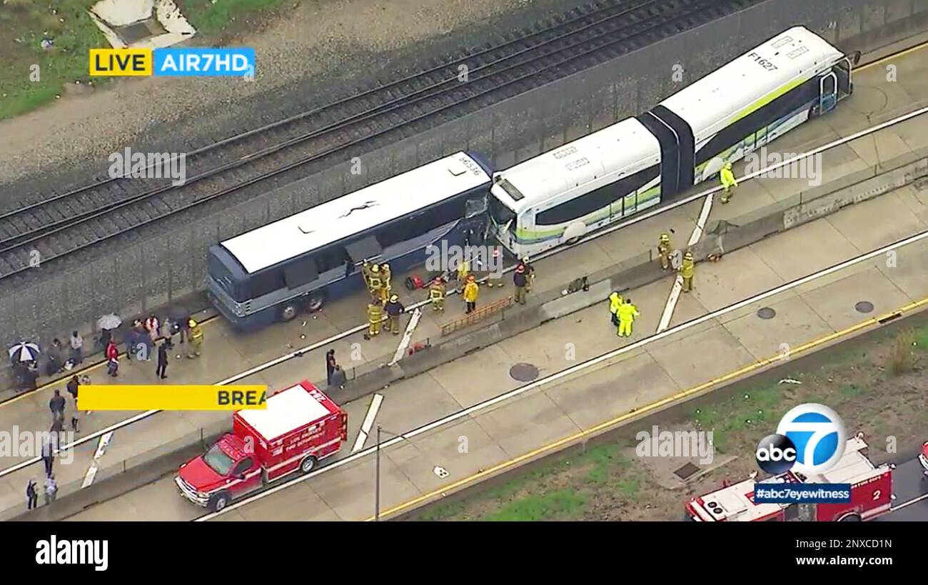 This photo from video provided by KABC-TV shows a collision between an ...