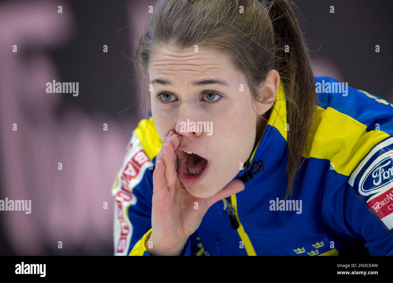 Sweden skip Anna Hasselborg calls for the sweep as they face Japan at ...