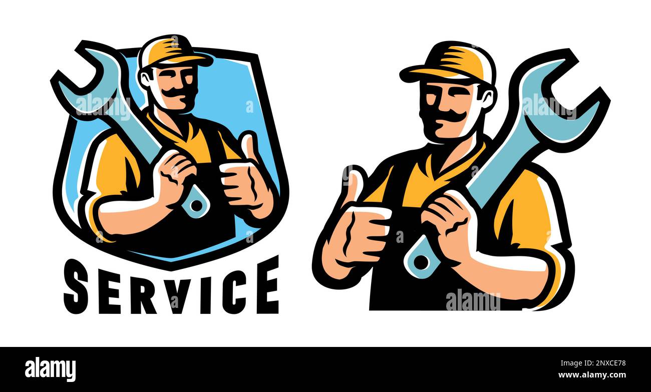 Worker in cap with wrench. Engineer, technician, mechanic, builder logo ...