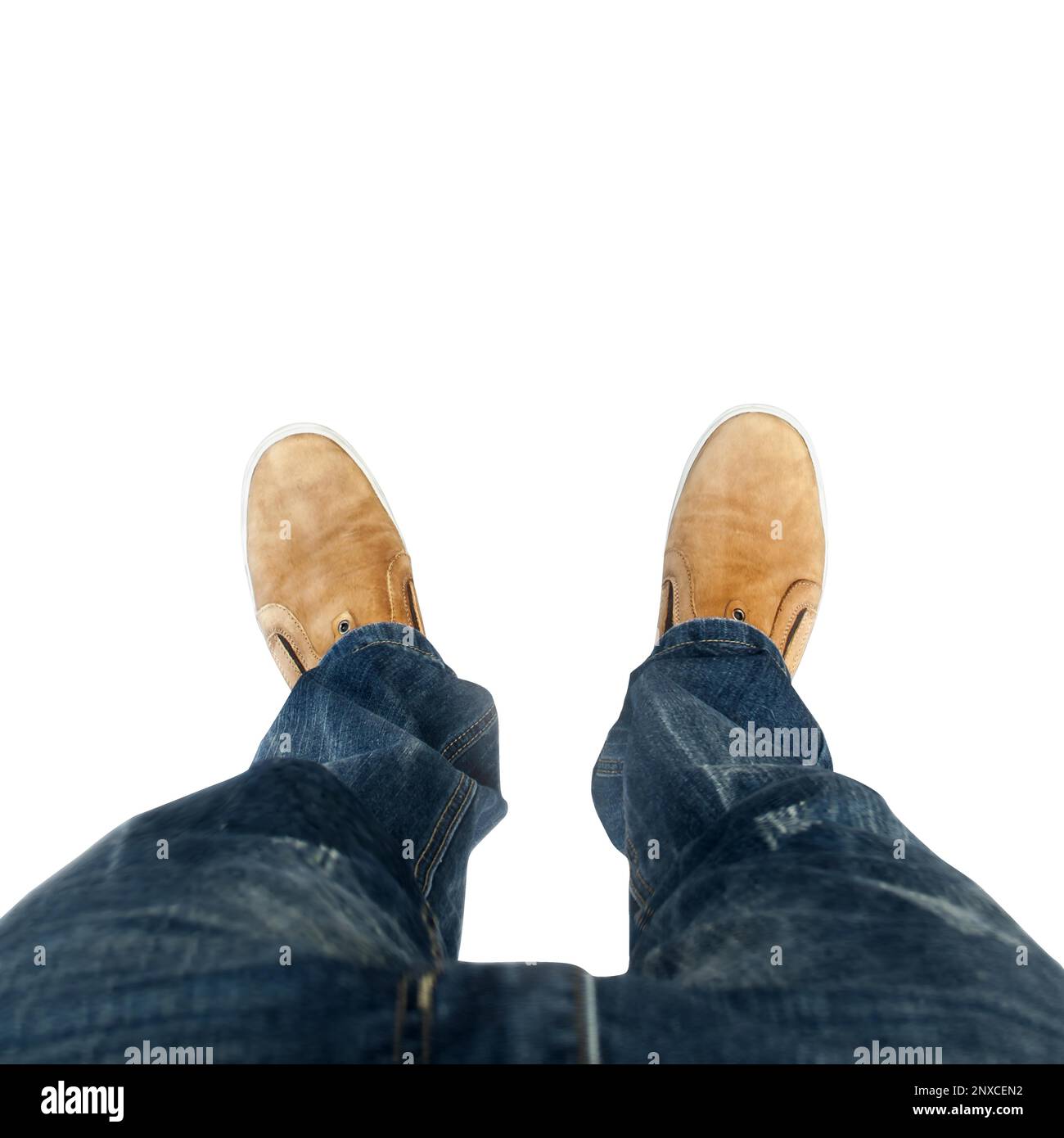 Legs top view. Top view of legs in shoes on white background. Man in ...