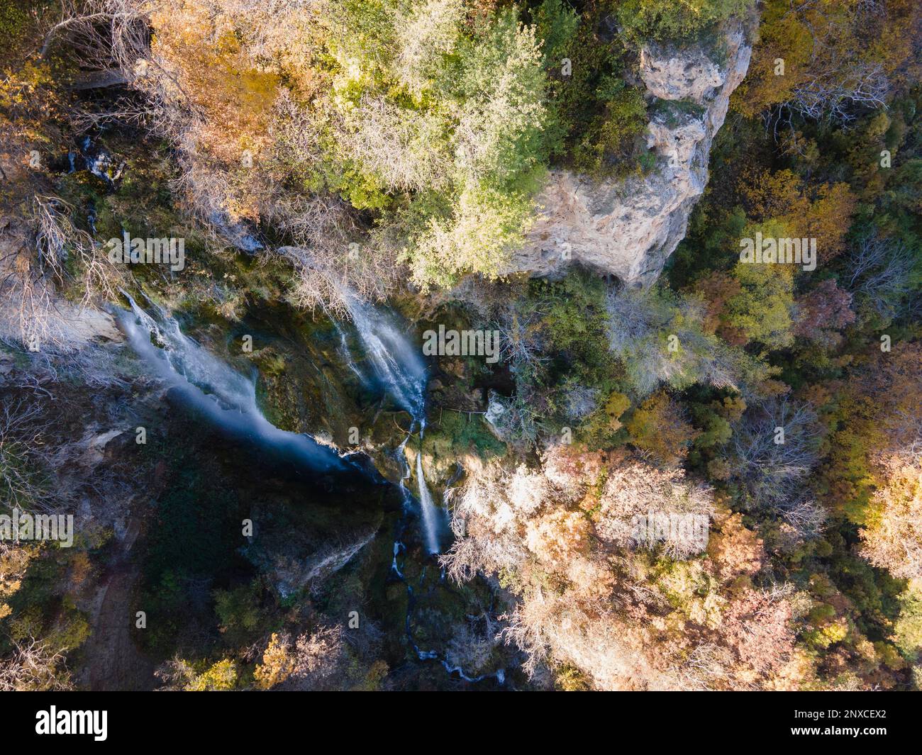 Aerial Autumn view of Polska Skakavitsa waterfall at Zemen Mountain ...