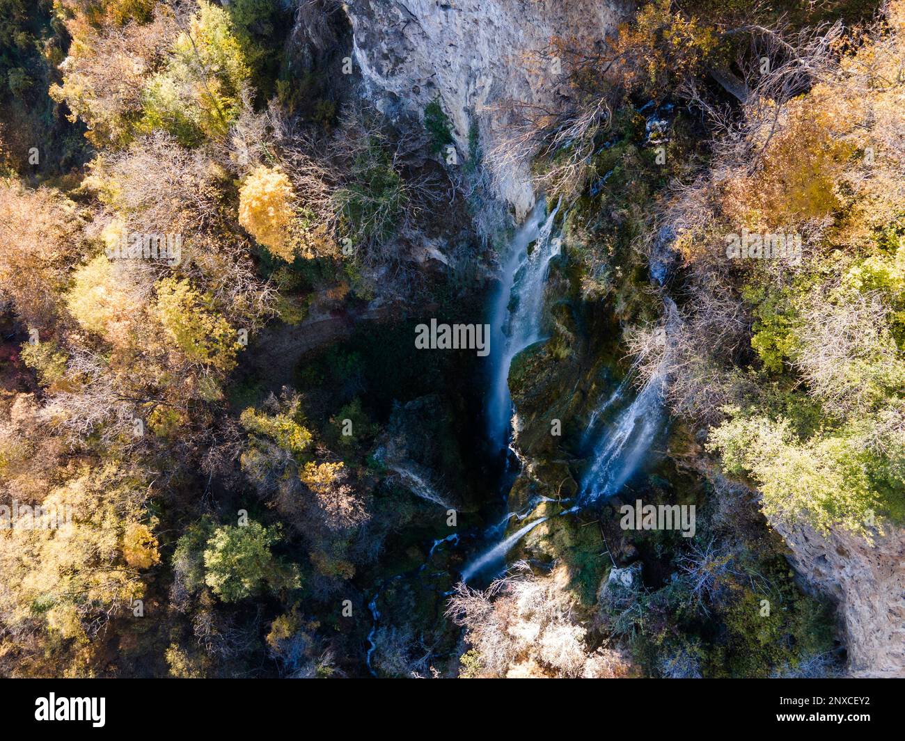 Aerial Autumn view of Polska Skakavitsa waterfall at Zemen Mountain ...