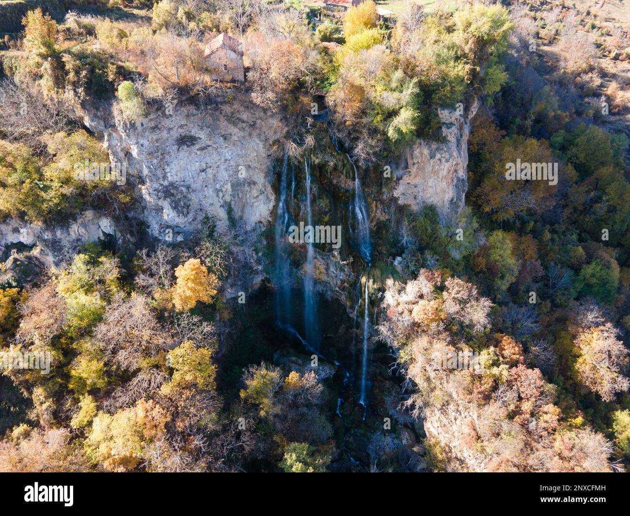 Aerial Autumn view of Polska Skakavitsa waterfall at Zemen Mountain ...