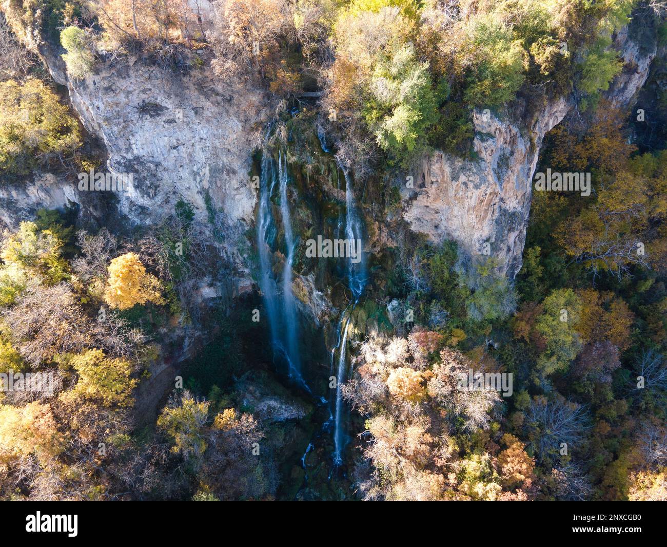 Aerial Autumn view of Polska Skakavitsa waterfall at Zemen Mountain ...