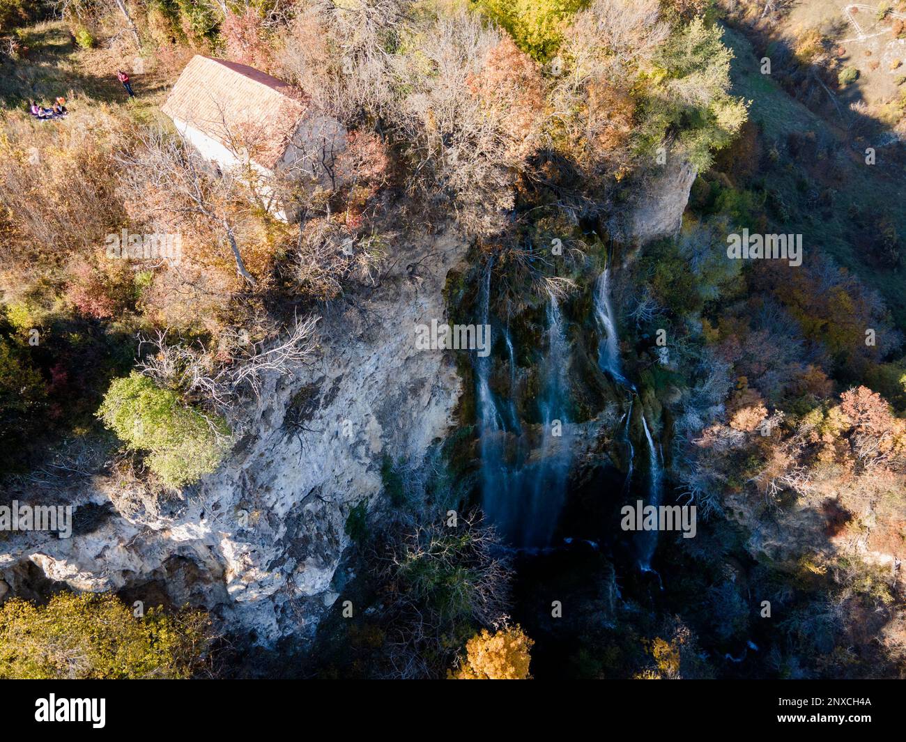 Aerial Autumn view of Polska Skakavitsa waterfall at Zemen Mountain ...