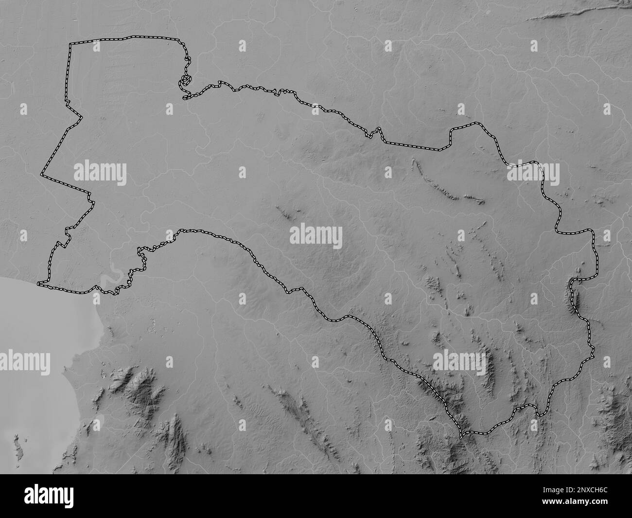 Chachoengsao, province of Thailand. Grayscale elevation map with lakes ...