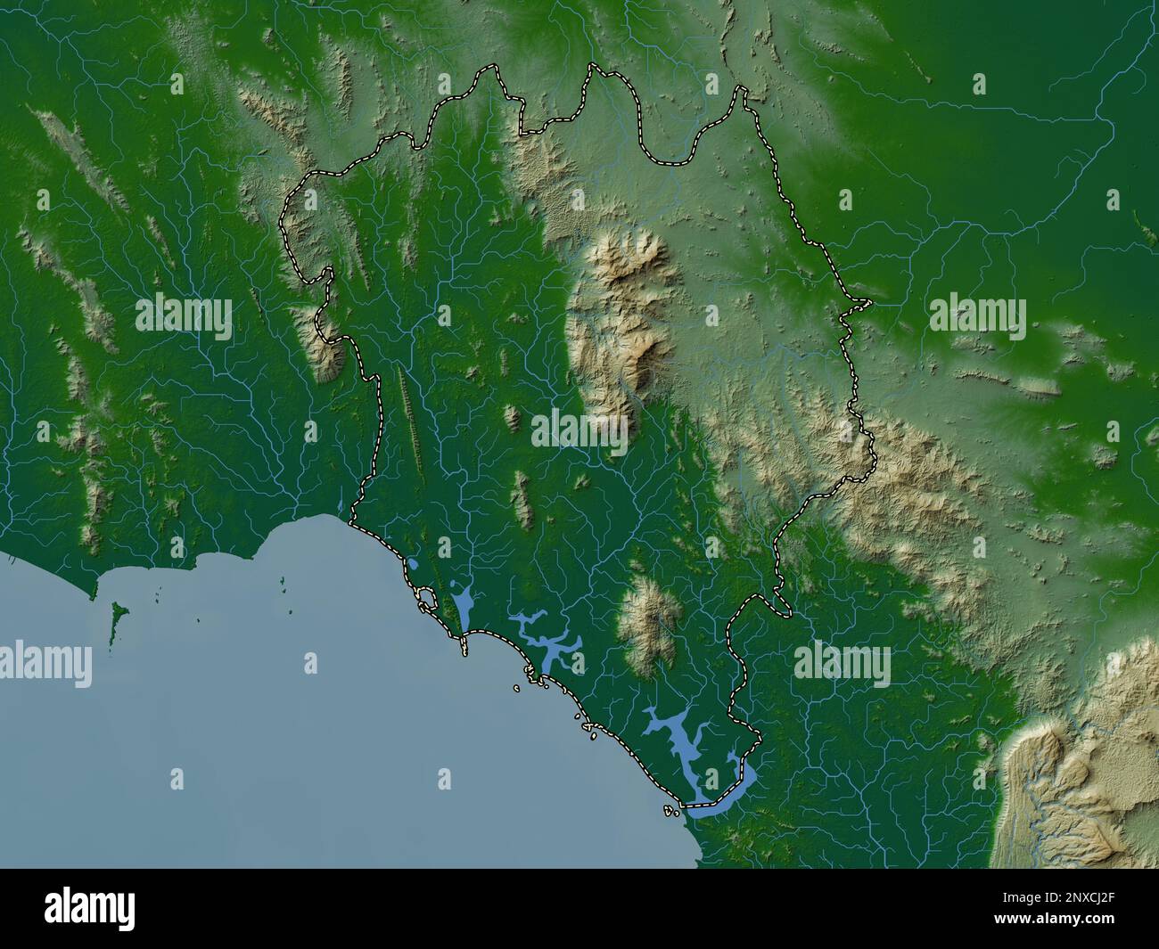 Chanthaburi, province of Thailand. Colored elevation map with lakes and ...