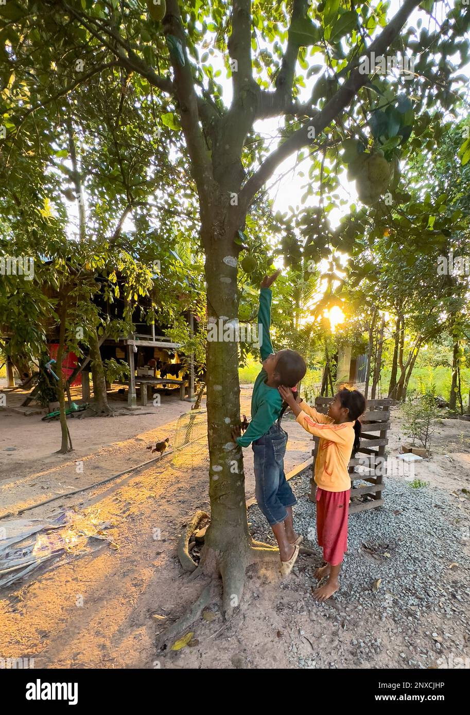 Two young girls in a village in rural Siem Reap province in Cambodia ...