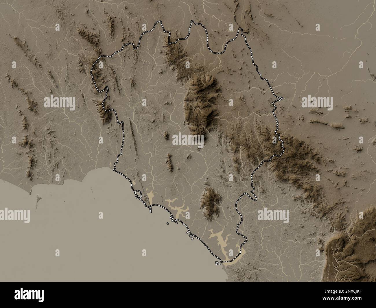 Chanthaburi, province of Thailand. Elevation map colored in sepia tones ...